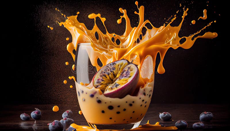 Yellow Passion Fruit Smoothie-Juice Splashing or Dripping on Dark ...