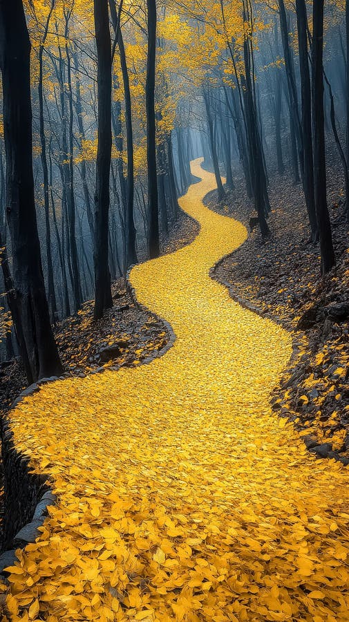 Yellow Path in a Forest with Leaves on the Ground Stock Photo - Image ...