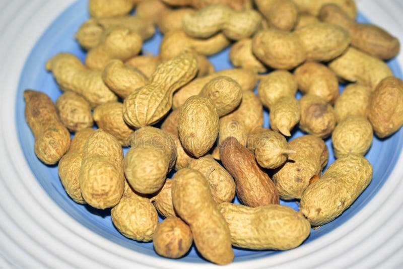 Yellow Peanuts in a Shell on a Blue Plate Stock Photo - Image of ...