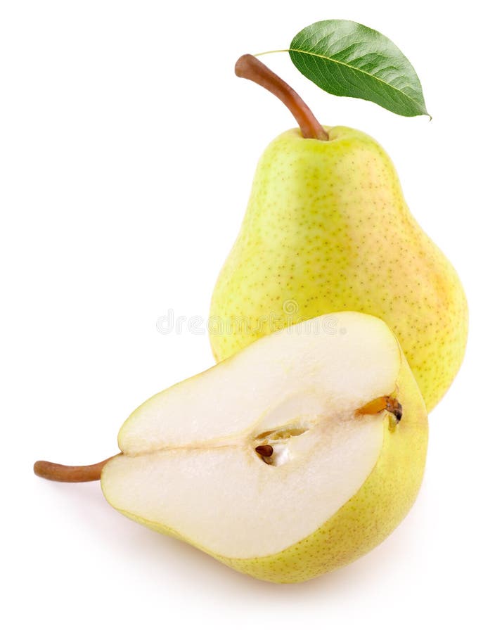 Yellow Pear Fruits with Green Leaf on White Background Stock Photo ...