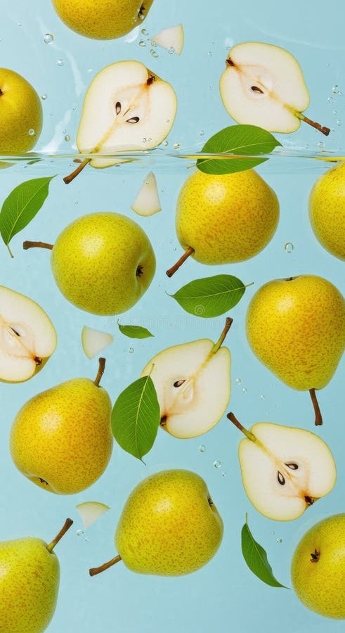 Yellow Pears and Green Leaves Floating in Water Stock Illustration ...