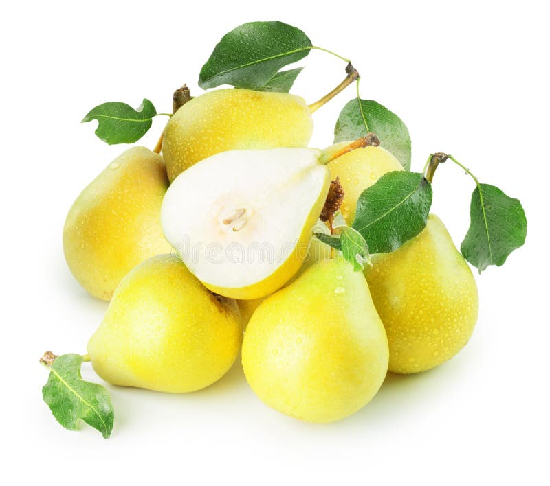 Yellow Pears With Half Of Pear And Green Leaves Isolated On A White ...