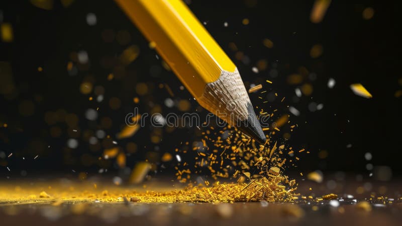 Yellow Pencil Breaking through Golden Particles in Motion Stock Photo ...