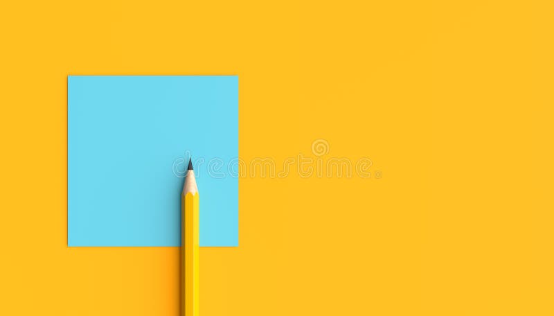 Yellow Pencil Pointing at Blue Sticky Note on Orange Background Stock ...