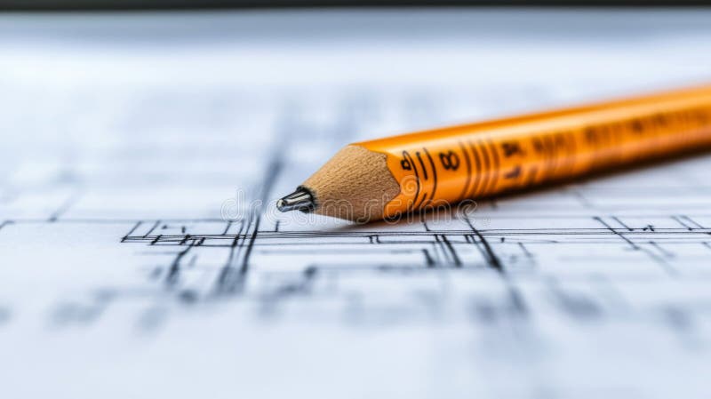Yellow Pencil Resting on Architectural Blueprint Drawings Stock ...