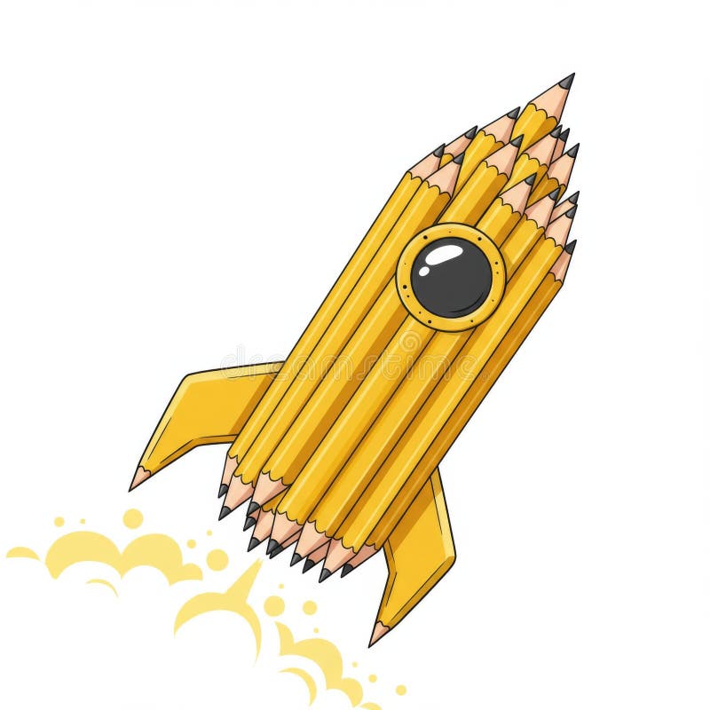 Yellow Pencil Rocket Illustration Stock Illustration - Illustration of ...
