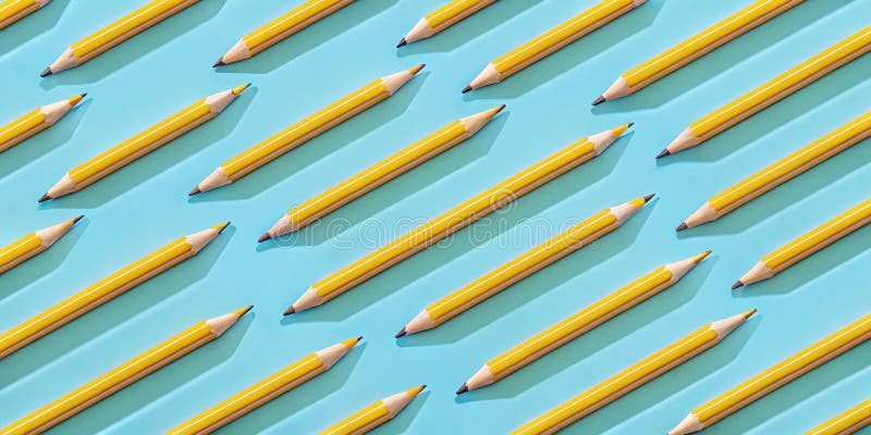 Yellow Pencils Arranged in a Diagonal Pattern on a Light Blue ...