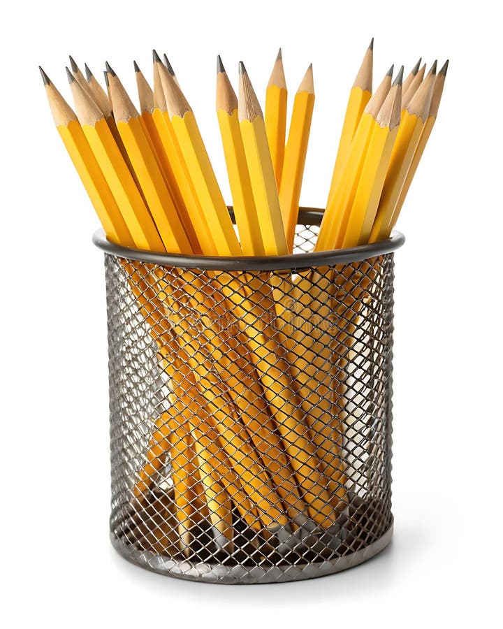 Yellow Pencils in Metal Mesh Cup for Office or Study Organization and ...
