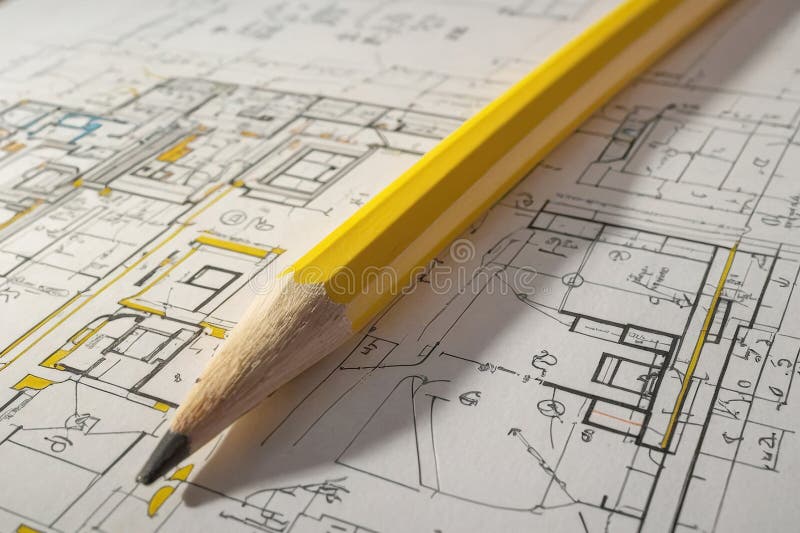 Yellow Pencils on a Technical Drawing Project and an Architectural Plan ...