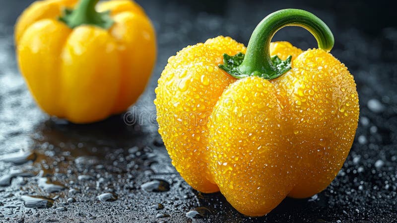Yellow Peppers, Water Drops, Dark Background Stock Image - Image of ...