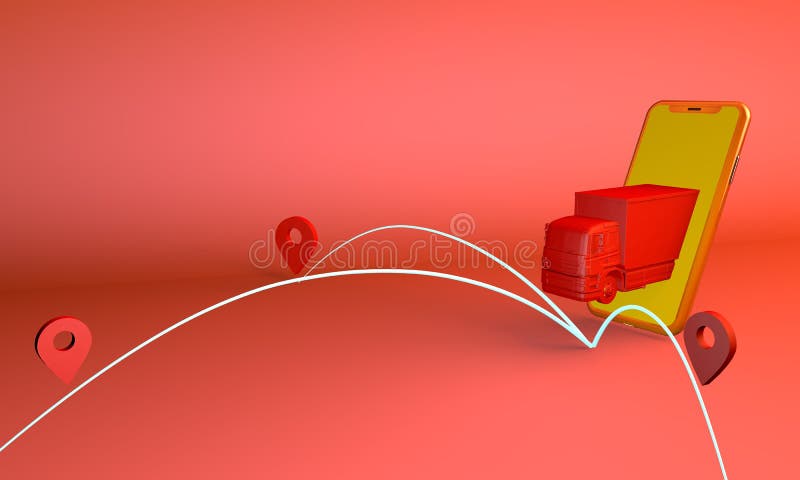 Yellow Phone, Red Delivery Truck and Blue Distribution Lines on Red ...