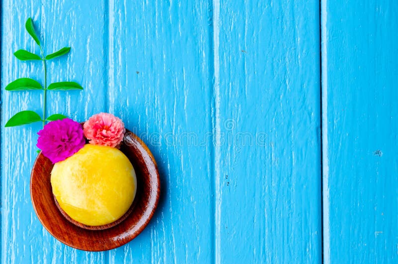 Yellow Pie on Blue Background,top View ,break Time,empty Space. Stock ...