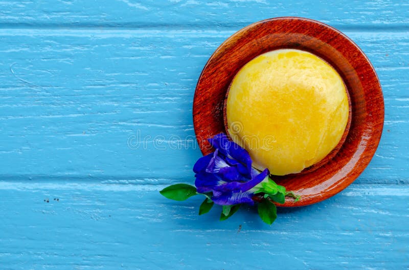 Yellow Pie on Blue Background,top View ,break Time,empty Space. Stock ...