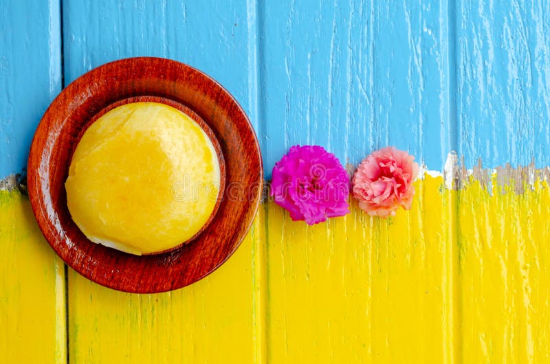 Yellow Pie on Blue Background,top View ,break Time,empty Space. Stock ...