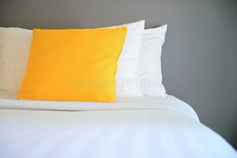 Close Up Yellow Pillow on White Bed, Interior Design Stock Image ...