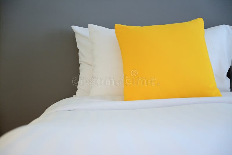 Close Up Yellow Pillow on White Bed, Interior Design Stock Photo ...