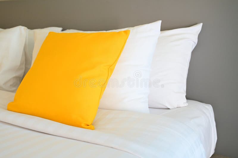 Close Up Yellow Pillow on White Bed, Interior Design Stock Image ...