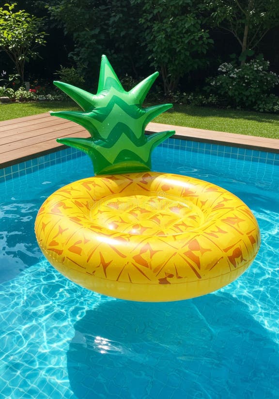 Yellow Pineapple Inflatable Pool Float in a Blue Pool Stock ...