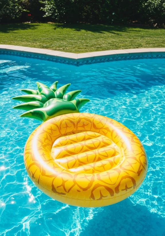 Yellow Pineapple Inflatable Pool Float in a Blue Pool Stock ...
