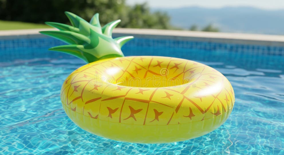 Yellow Pineapple Inflatable Pool Float in Blue Water Stock Illustration ...