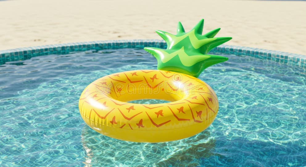 Yellow Pineapple Inflatable Pool Ring Float on Sunny Beach Stock ...