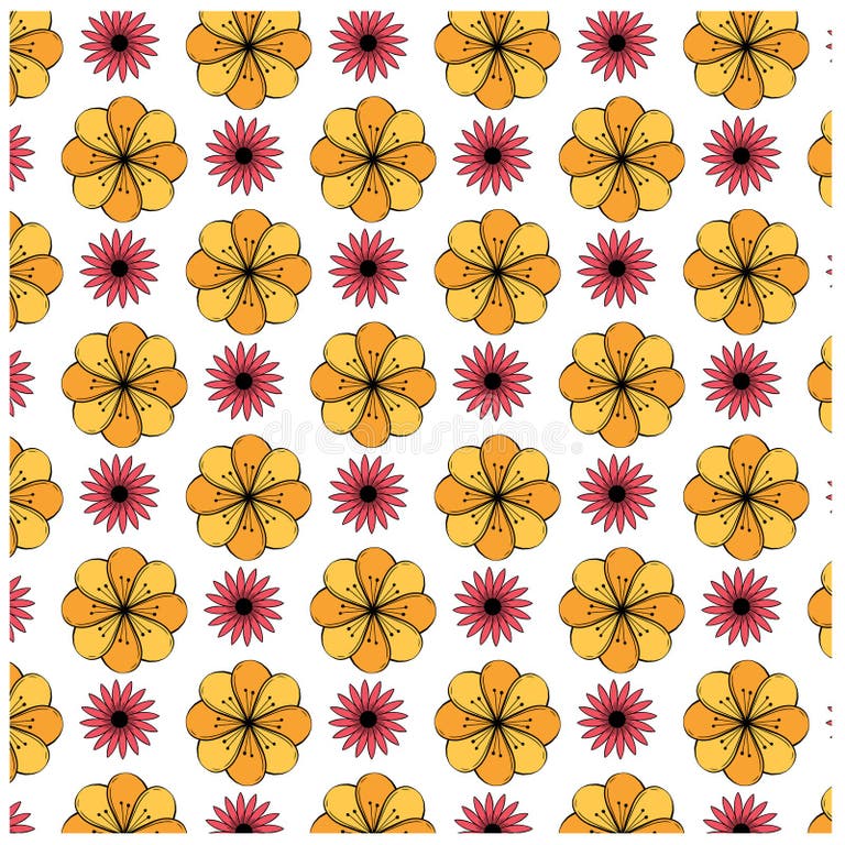 Yellow & Pink Bloom Grid: Retro Flower Pattern Repeat Stock ...