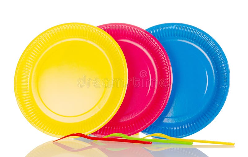 Yellow, Pink, Blue Plastic Plates Isolated on White Stock Image - Image ...