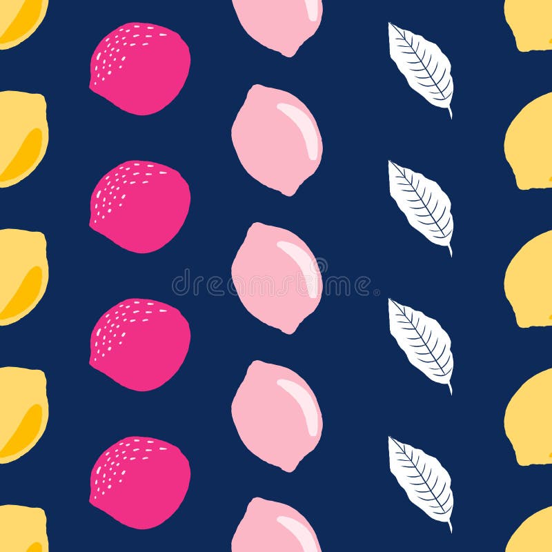 Yellow and Pink Lemons Seamless Vector Pattern on Dark Blue Stock ...
