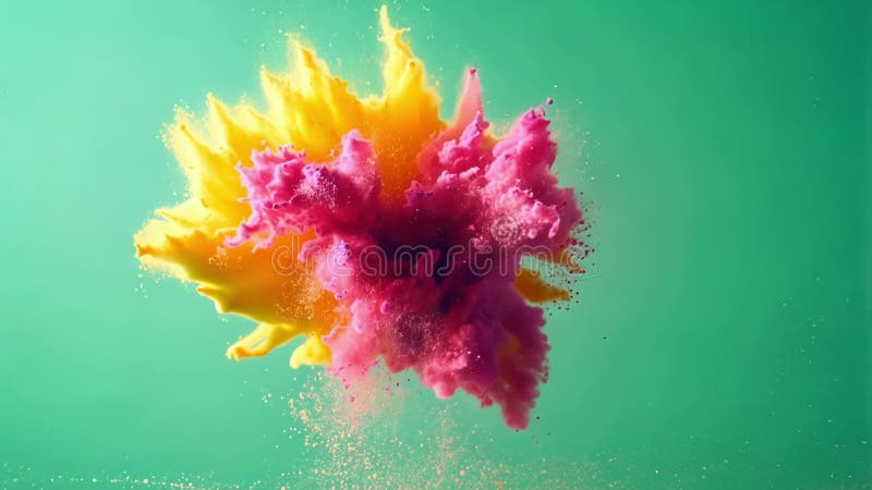 Yellow and Pink Powder Exploding Creating a Colorful Cloud on Green ...