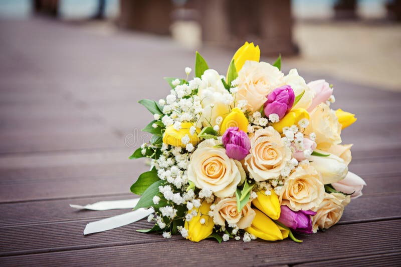Yellow and Pink Roses. Wedding Bouquet Stock Photo - Image of ...