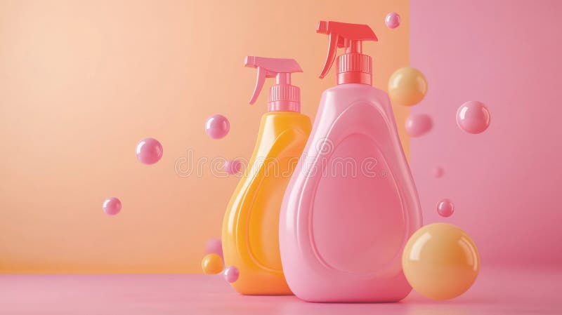 Yellow and Pink Spray Bottles with Floating Spheres on a Two Toned ...