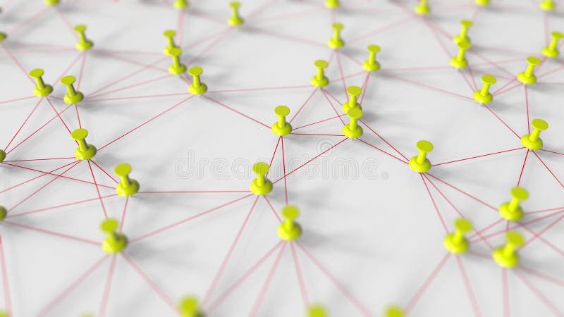 Many Yellow Pushpins and Threads Compose a Grid on a Pinboard. 3D ...