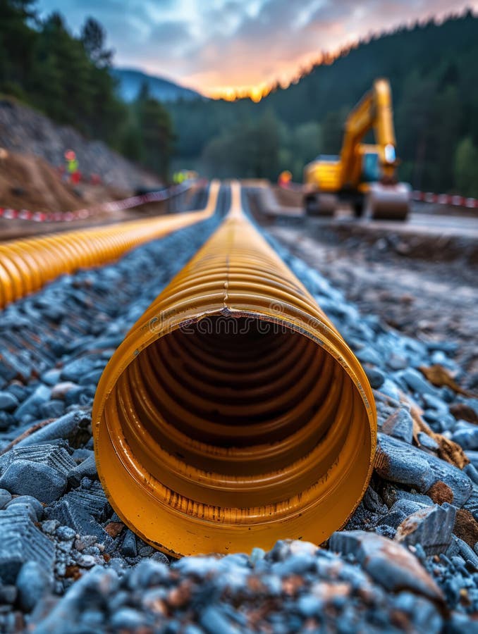 Yellow Pipeline Installation at a Construction Site during Sunset ...