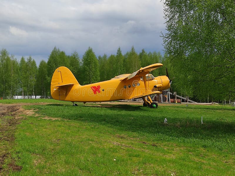 Yellow Plane on a Background of Sky and Grass Editorial Photography ...