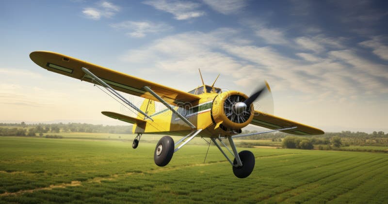 Yellow Plane in Low Flight, Spraying Agricultural Fields Stock ...
