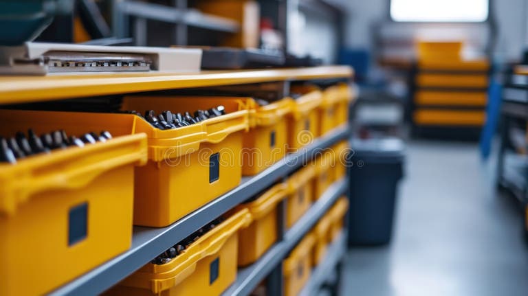 Yellow Plastic Boxes Organizing Components in a Manufacturing Warehouse ...