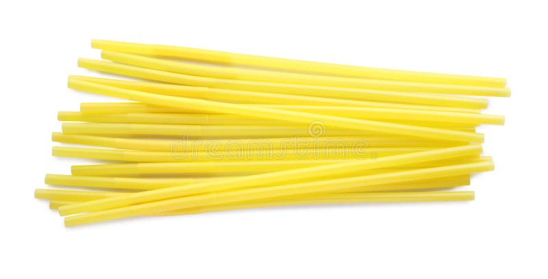 Yellow Plastic Cocktail Straws on White Background, Top View Stock ...