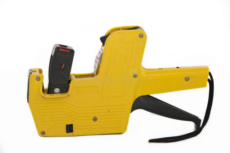 Yellow Plastic Price Label Gun on White Stock Image - Image of white ...