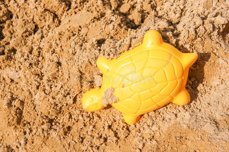 Yellow Plastic Toy Sand Form in Turtle Shape on the Sand on a Sunny Day ...