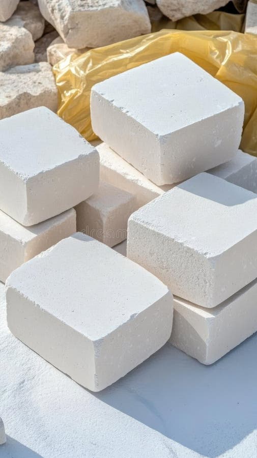 Yellow Plastic-wrapped Concrete Blocks Sit on a White Construction Site ...