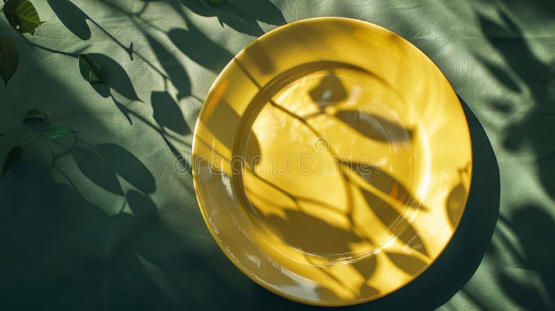 Yellow Plate on Green Table with Leaf Shadows Creating Artistic ...