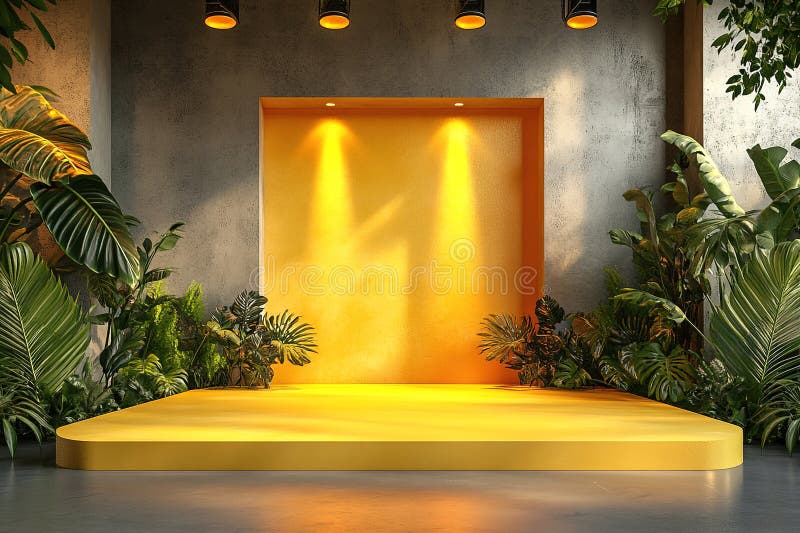 Yellow Platform Podium, Concrete Wall, Tropical Foliage, Studio ...