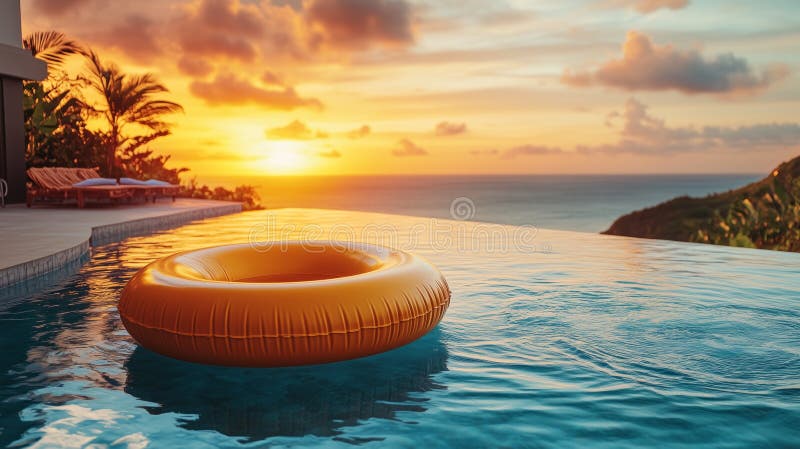 Yellow Pool Float Drifting in Luxurious Infinity Pool with Tropical ...