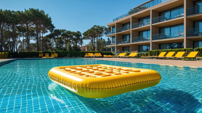 Yellow Pool Float Near Luxury Hotel Surrounded by Trees Stock ...