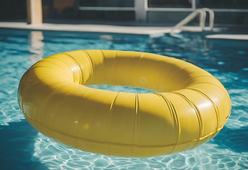 Yellow Pool Float with Sun Reflection, Palm Trees, and Chairs in the ...