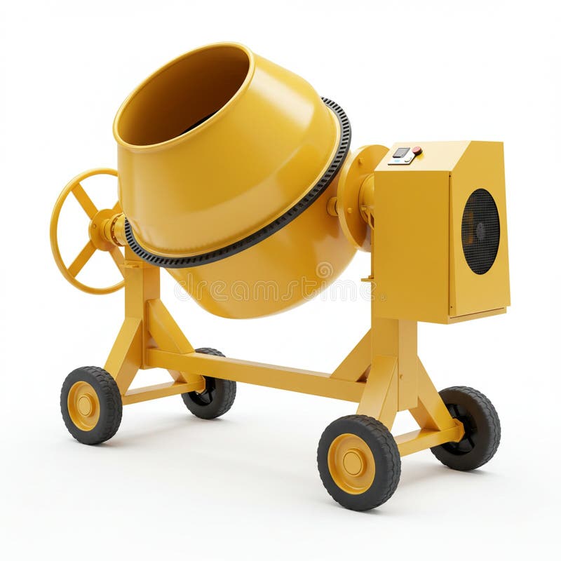 Yellow Portable Cement Mixer on Four Wheels, Featuring a Rotating Drum ...