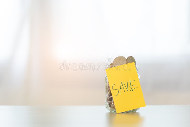 Yellow Post it Paper with Save Message Paste on Glass Bottle Coins ...