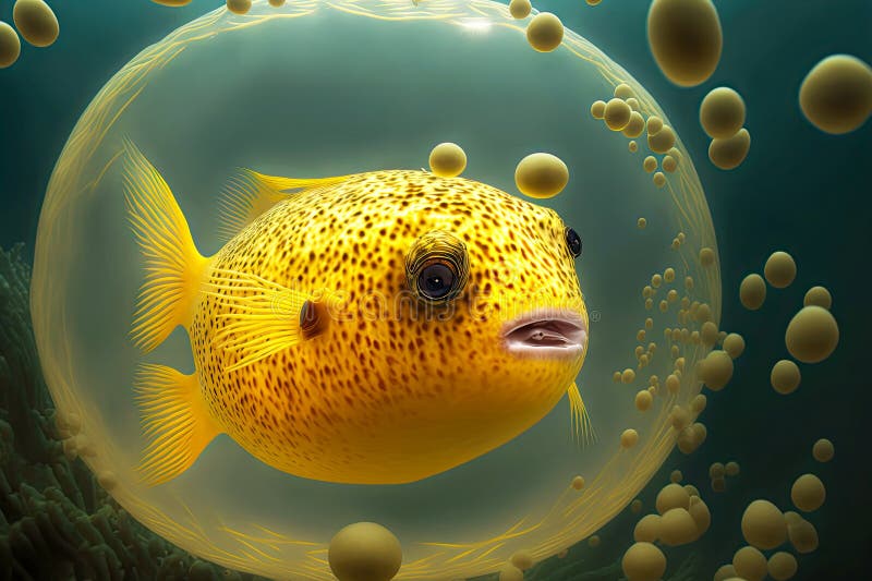 Yellow Pot-bellied Puffer Fish in Transparent Bubble Under Water Stock ...