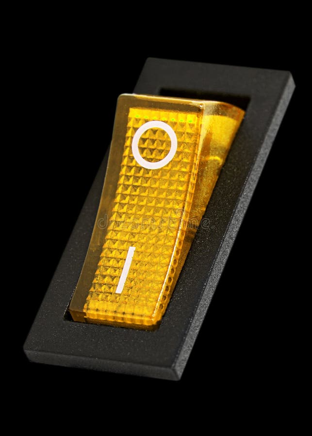 Yellow Power Switch at on Position, Isolated on Black Background Stock ...