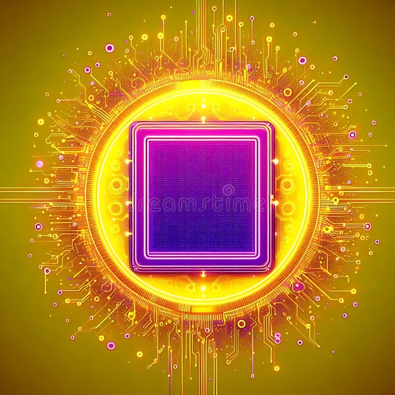 A Yellow and Purple Computer Chip with a Purple Square in the Middle ...